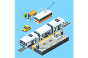 Isometric public transport stations. Bus and train. City road and rails ...