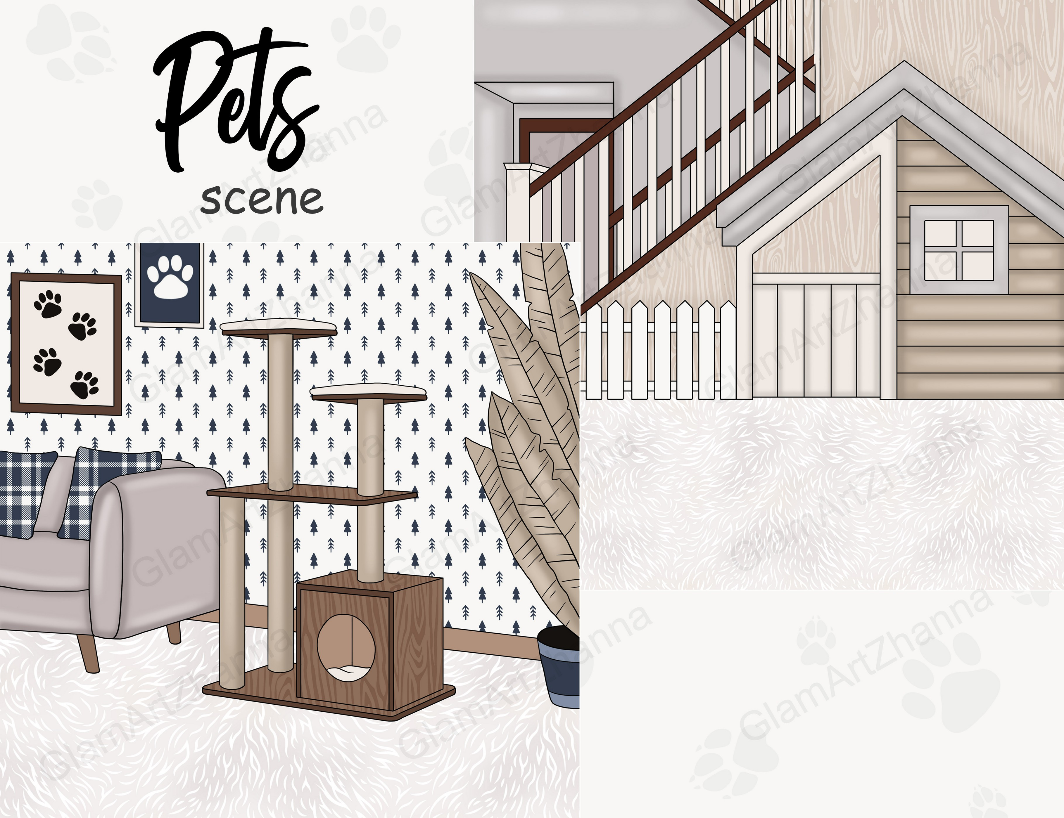 Pets Scene, an Animal Illustration by GlamArtZhanna