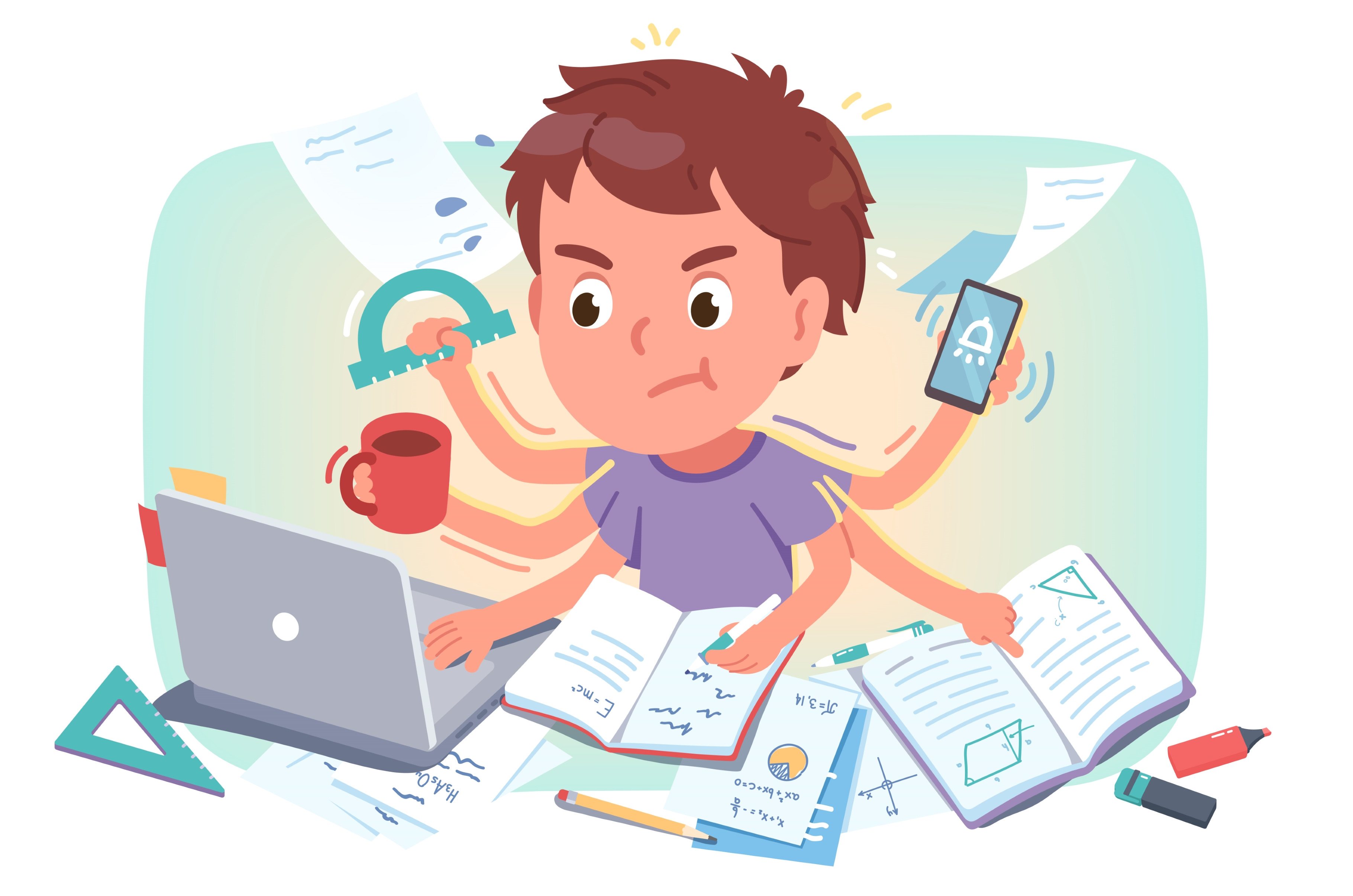 Multitasking student doing homework, an Education Illustration by ...