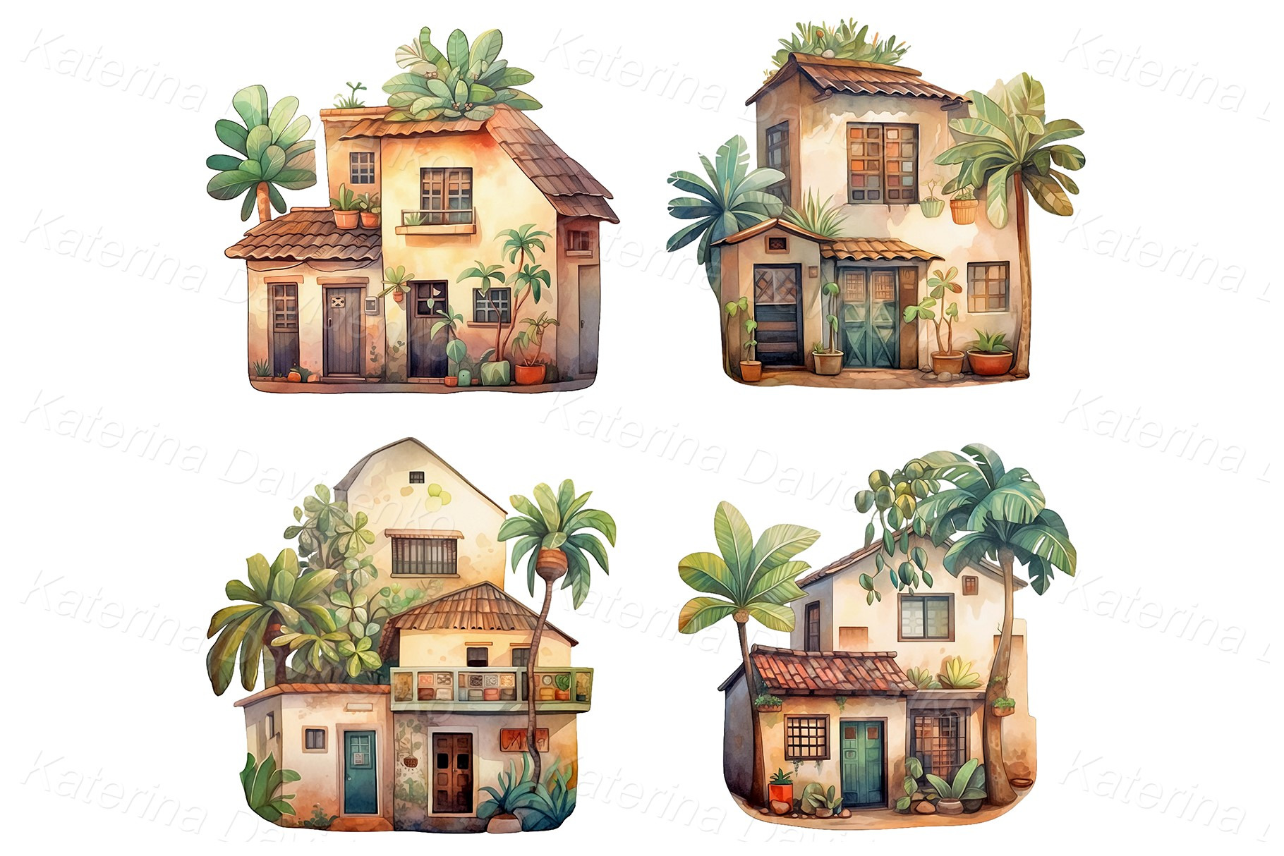 Tropical stone houses PNG clipart, an Object Illustration by Bubert Art