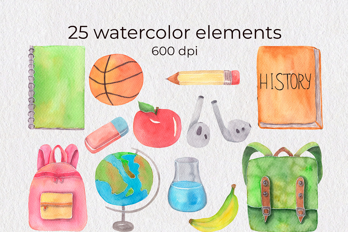 School supplies watercolor clipart, an Education Illustration by ...