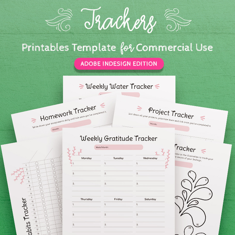 Tracker Printables InDesign Template, a Templates & Theme by Janice Designs