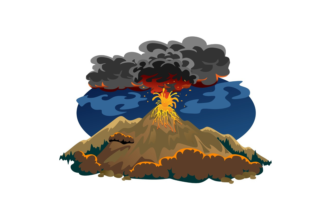 A set of volcanoes of varying degrees of eruption, a sleeping or ...
