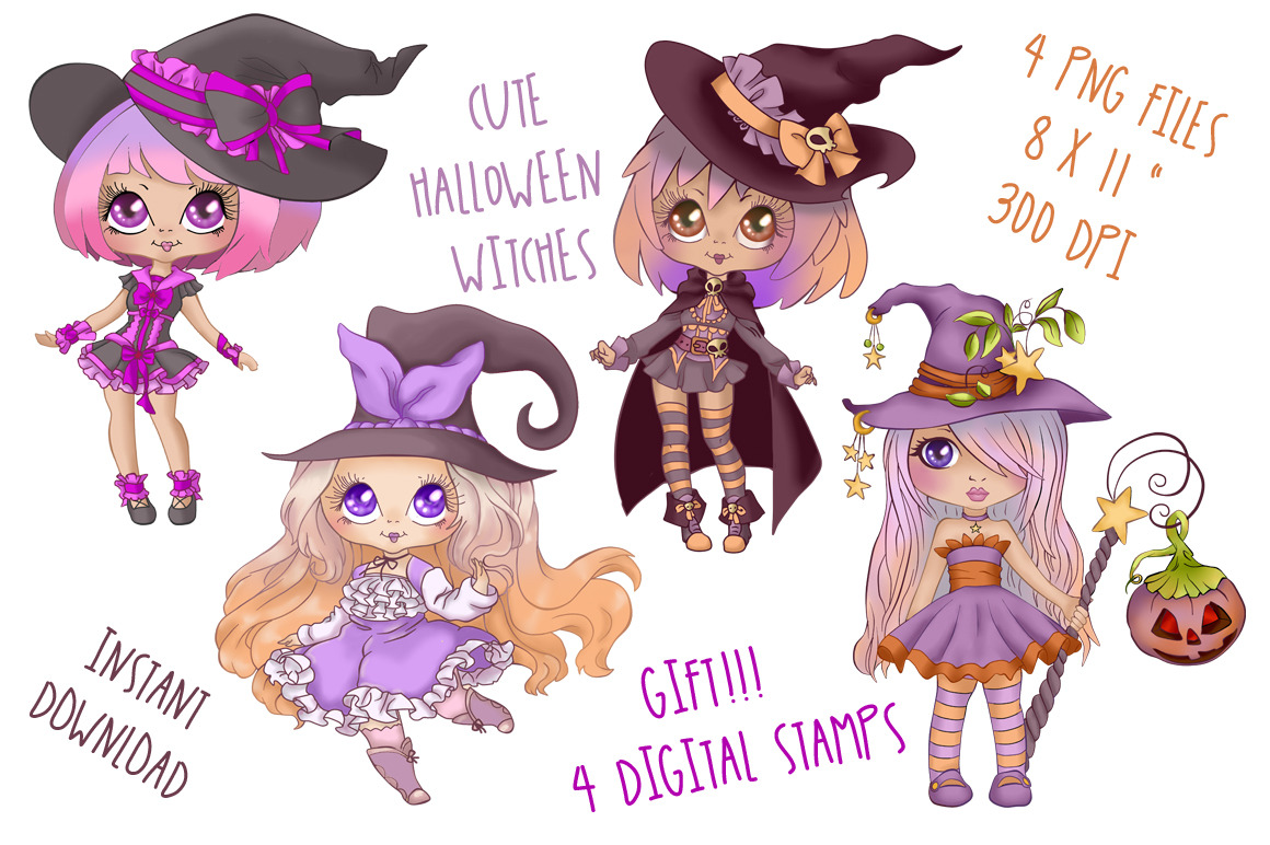 Cute Halloween Witches Clipart Set, an Illustration by zimakidartshop ...
