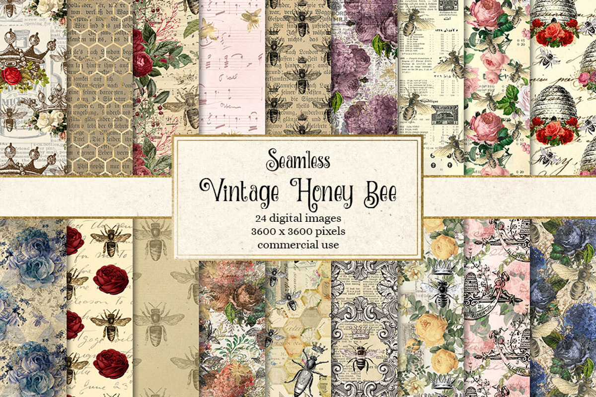Vintage Honey Bee Digital Paper, a Pattern Graphic by Digital Curio