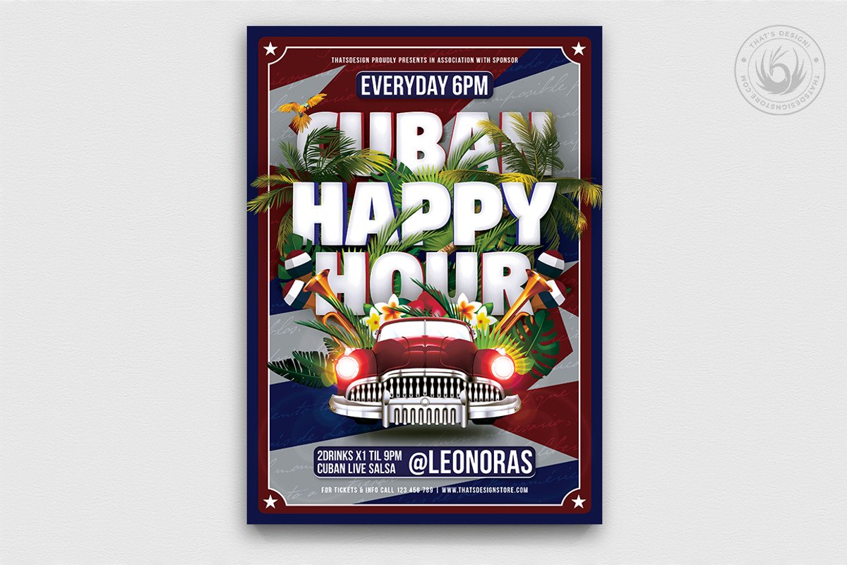 Cuban Happy Hour Flyer Template, a Flyer Template by ThatsDesign Art