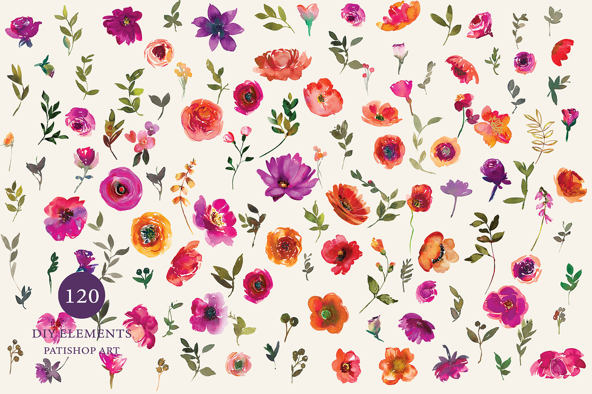 Watercolor Flowers Clipart Set, a Decorative Illustration by Patishop Art