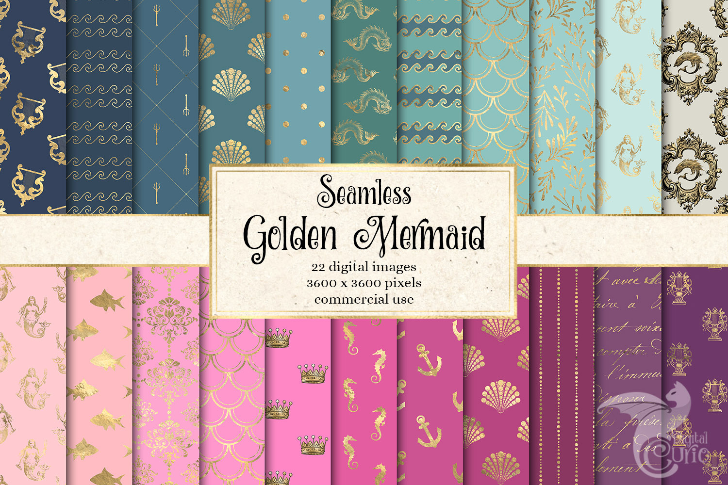 Golden Mermaid Digital Paper, a Pattern Graphic by Digital Curio