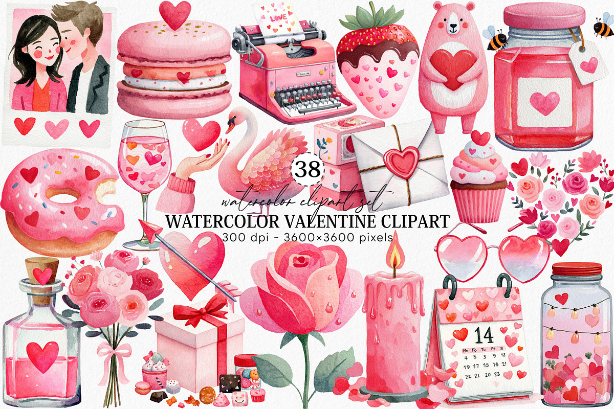 Watercolor Valentine Clipart Bundle, an Illustration by Canvas Craft