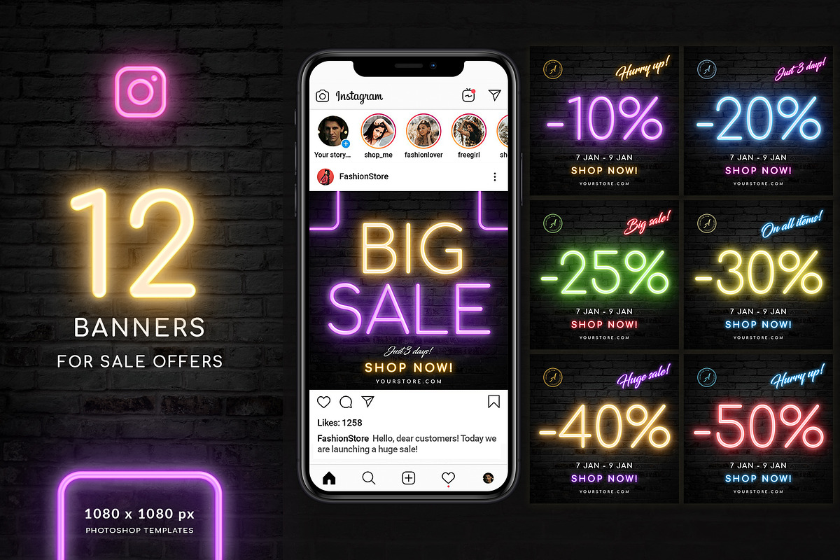 Neon Sale Instagram Banners Ads, a Social Media Template by Andrew ...