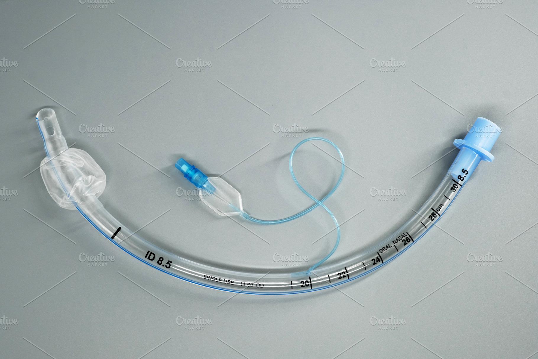 Single-Use Endotracheal Tube with Cuff. A clear, flexible medical ...