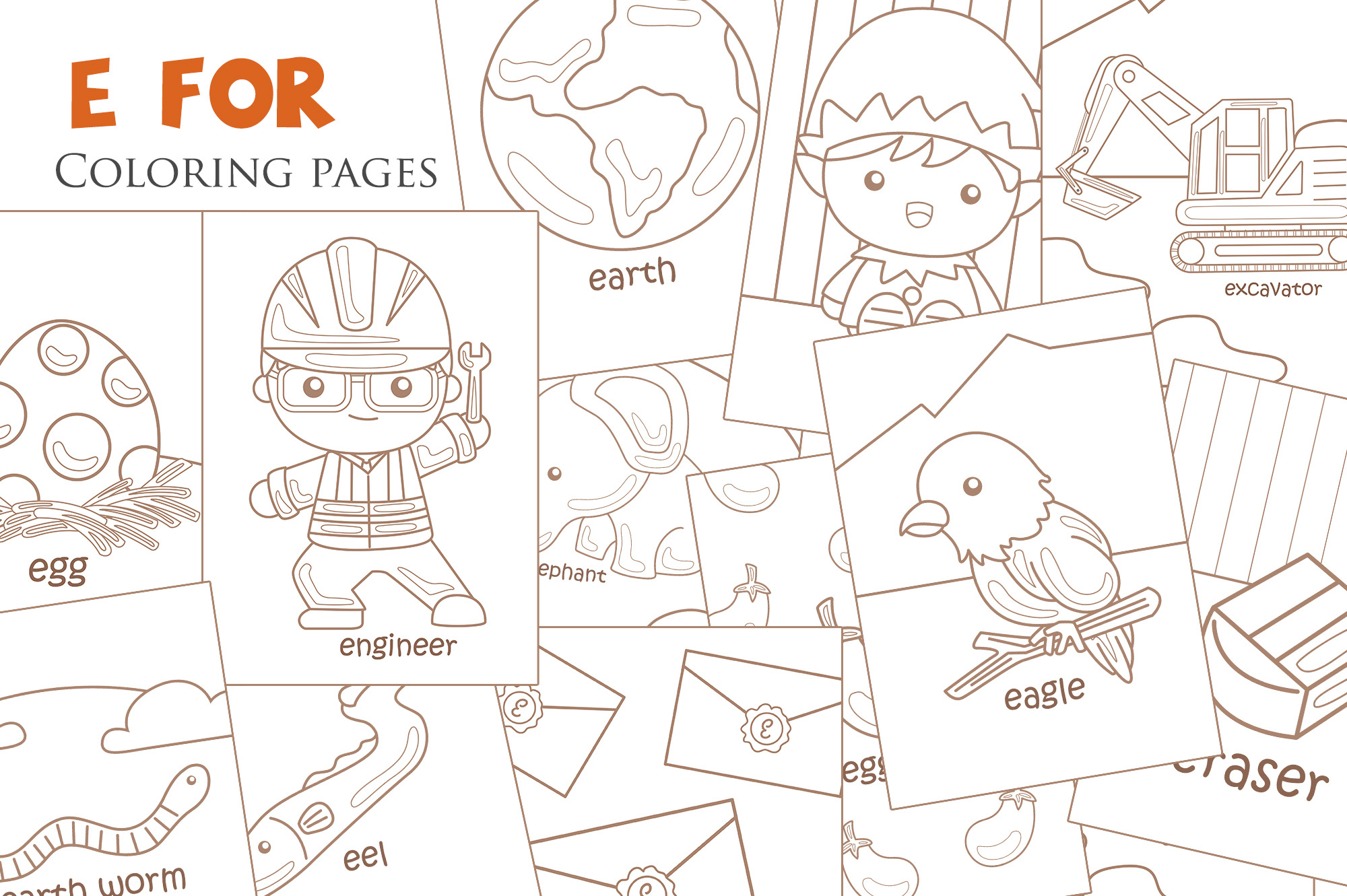 E For Vocabulary Coloring Set, a Decorative Illustration by Peekadillie Art