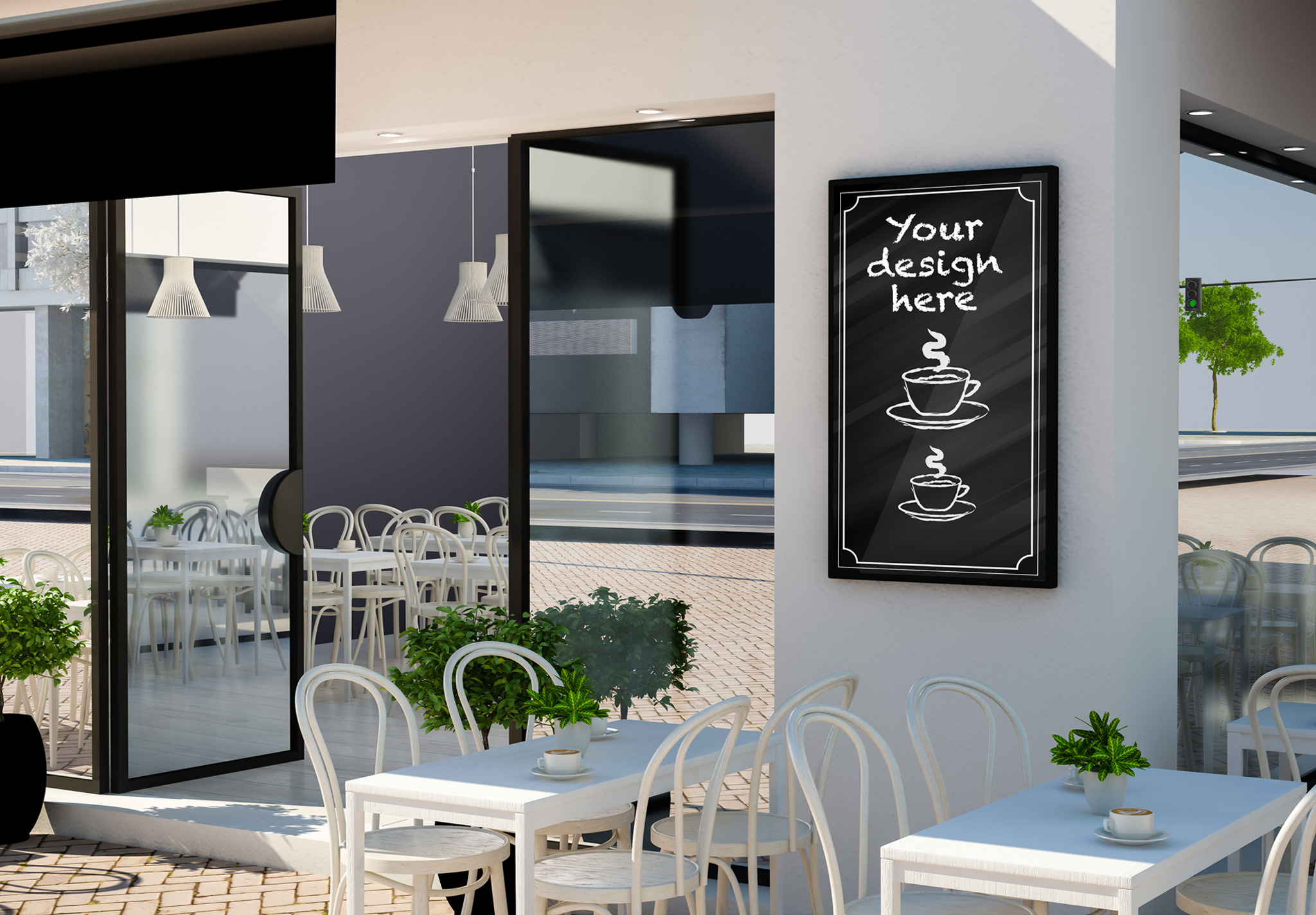 Sign on Cafe Exterior Mockup, a Print Template by McLittle Stock