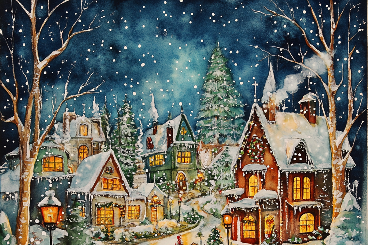Watercolor Snowy Christmas Village