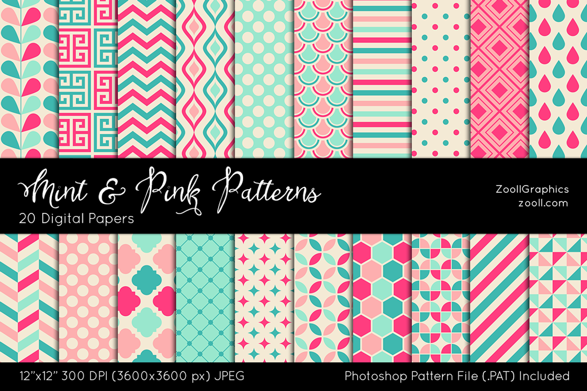 Mint And Pink Digital Papers, a Pattern Graphic by ZoollGraphics