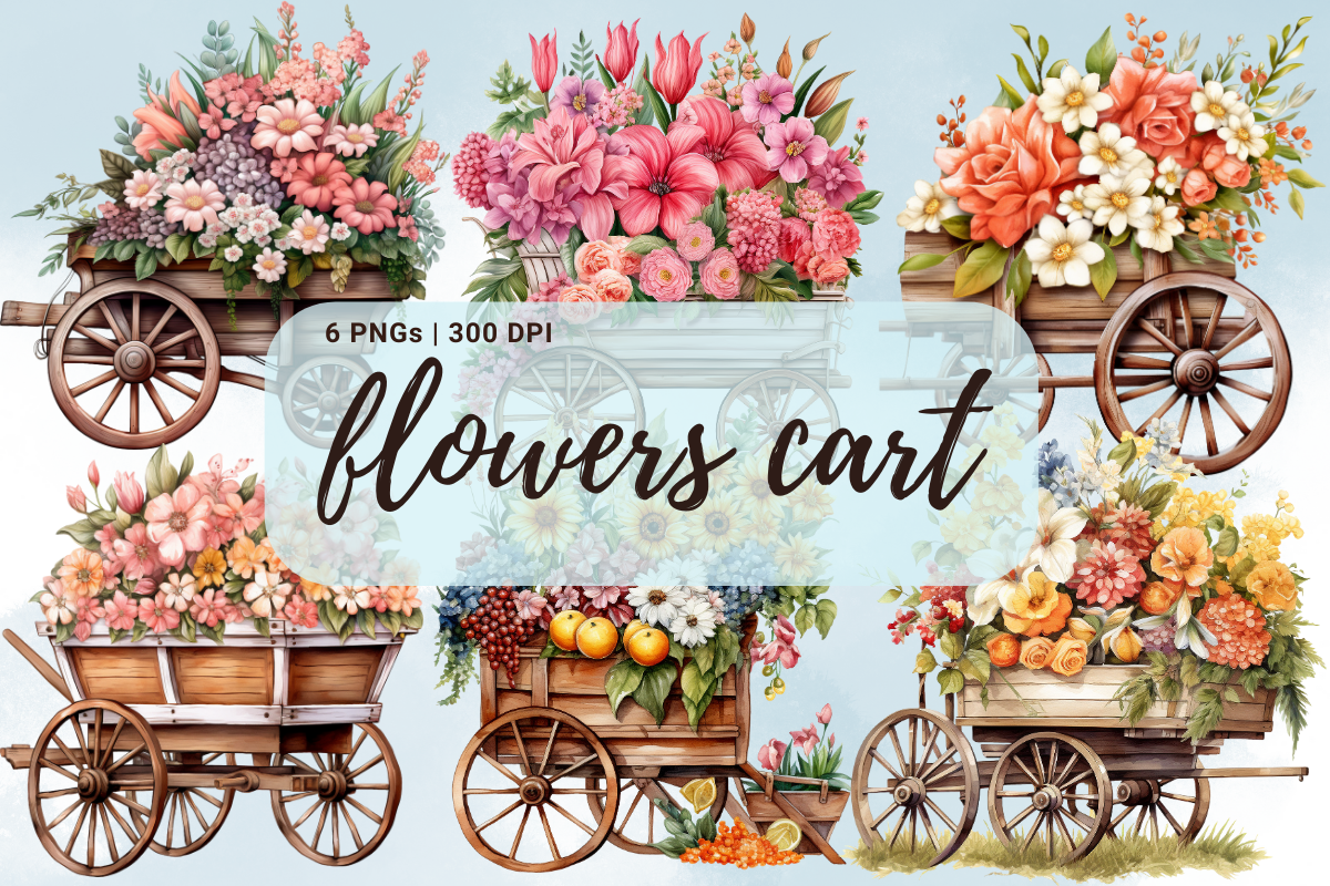 Flowers Carts Watercolor Clipart, an Illustration by SindyPrintDesign