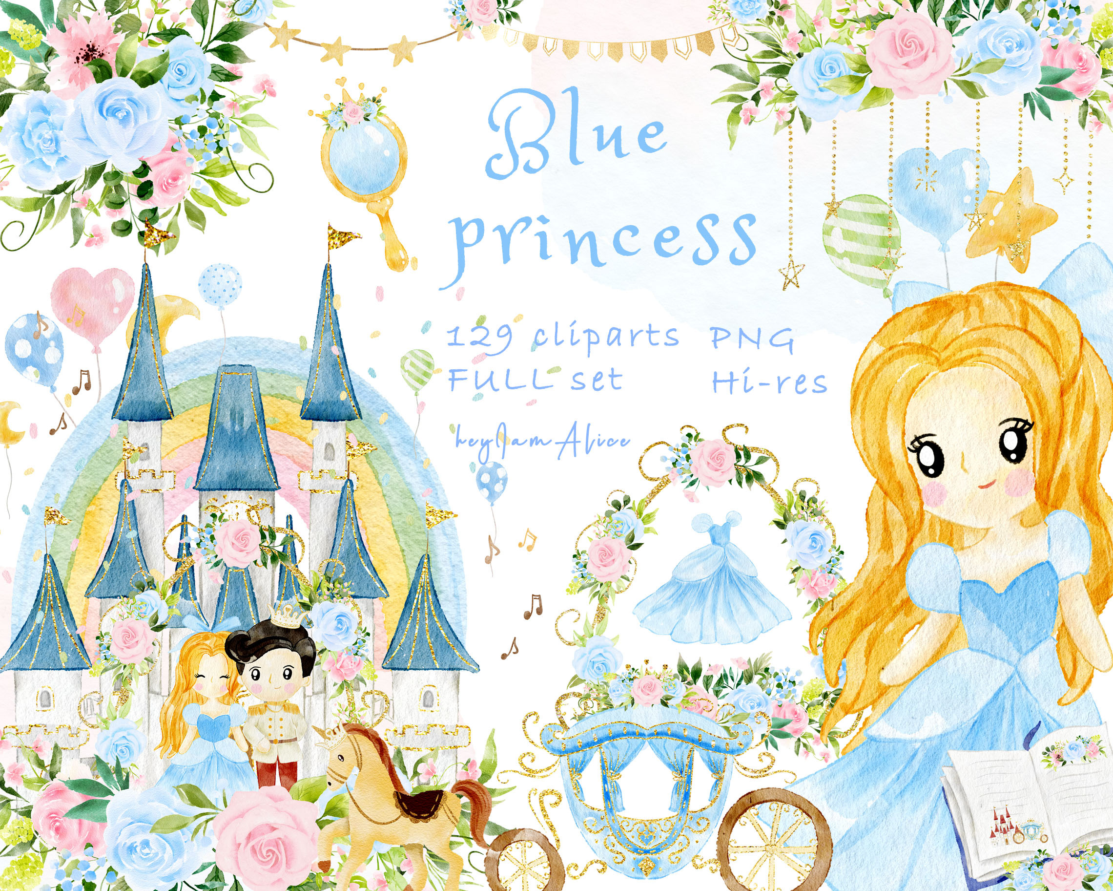 Blue Princess watercolour clipart