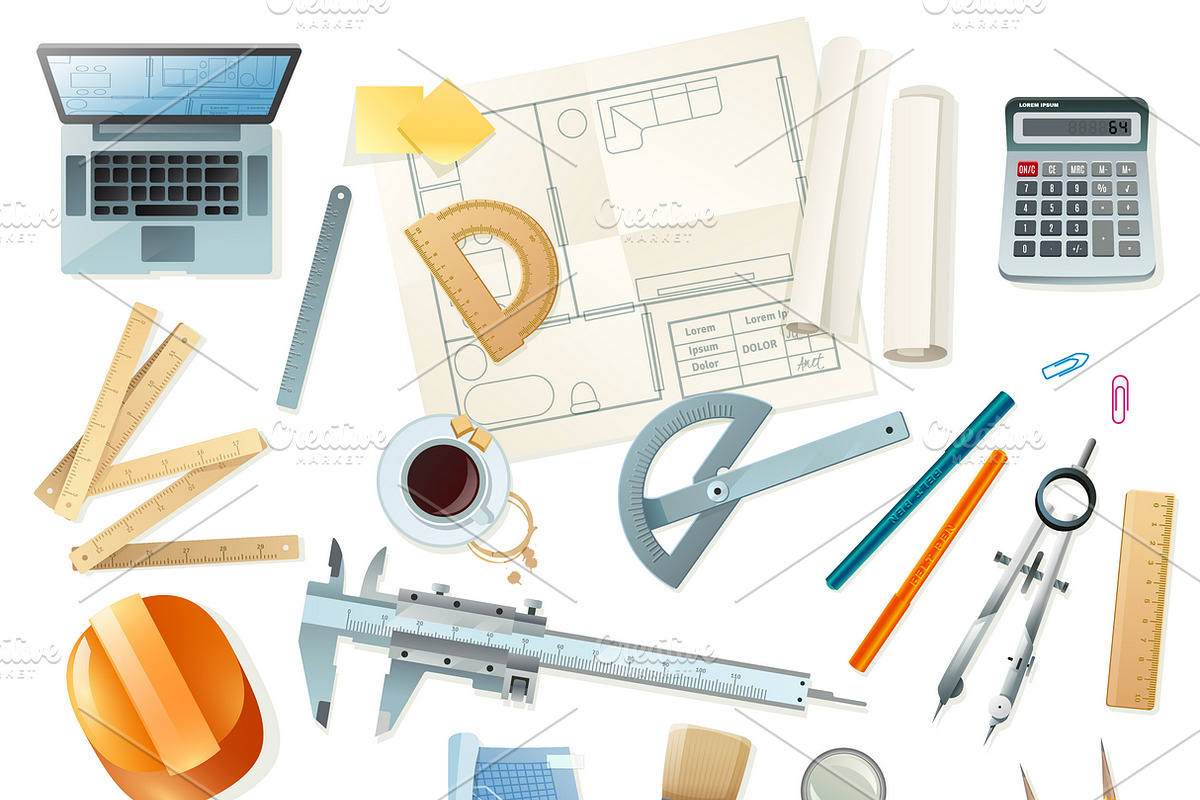 Construction architect tools set, an Icon by Macrovector | Creative Market