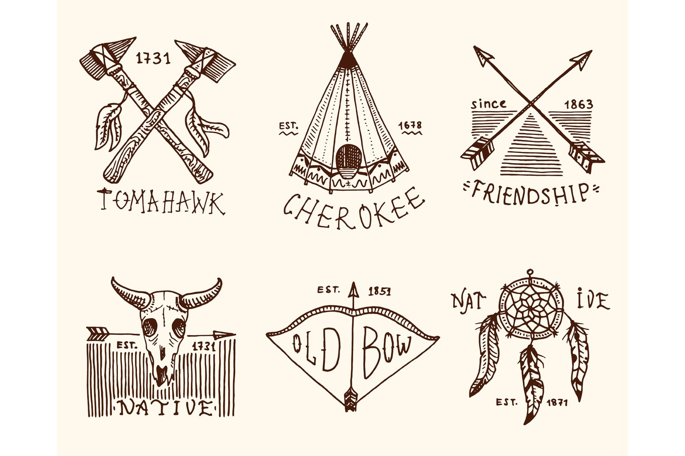 set of engraved vintage, hand drawn, old, labels or badges for indian ...