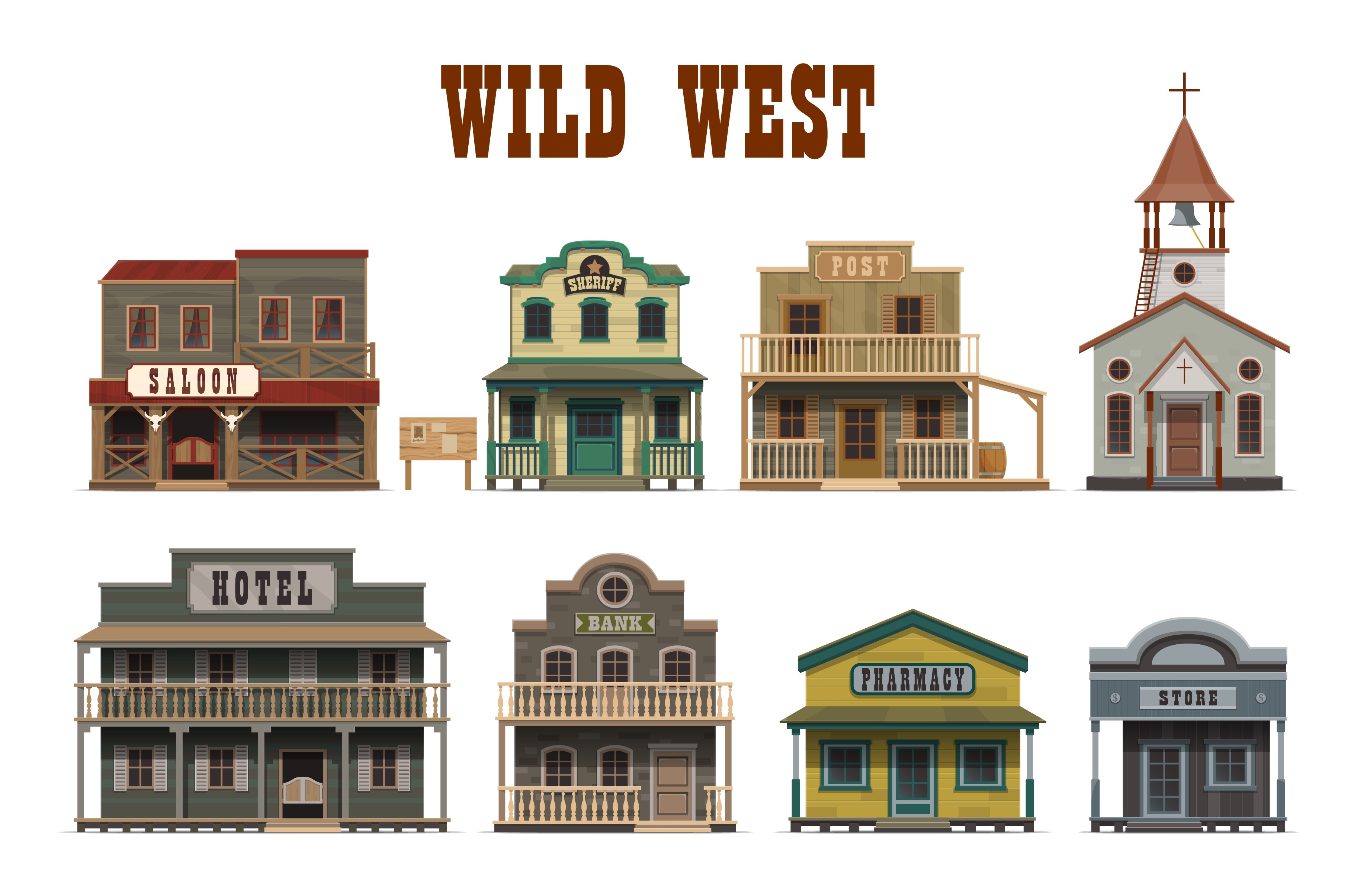 Wild West town cartoon buildings, an Object Illustration by Vector ...