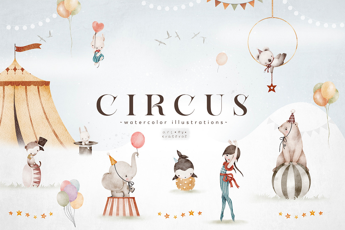 CIRCUS watercolor illustrations, an Animal Illustration by erasovas