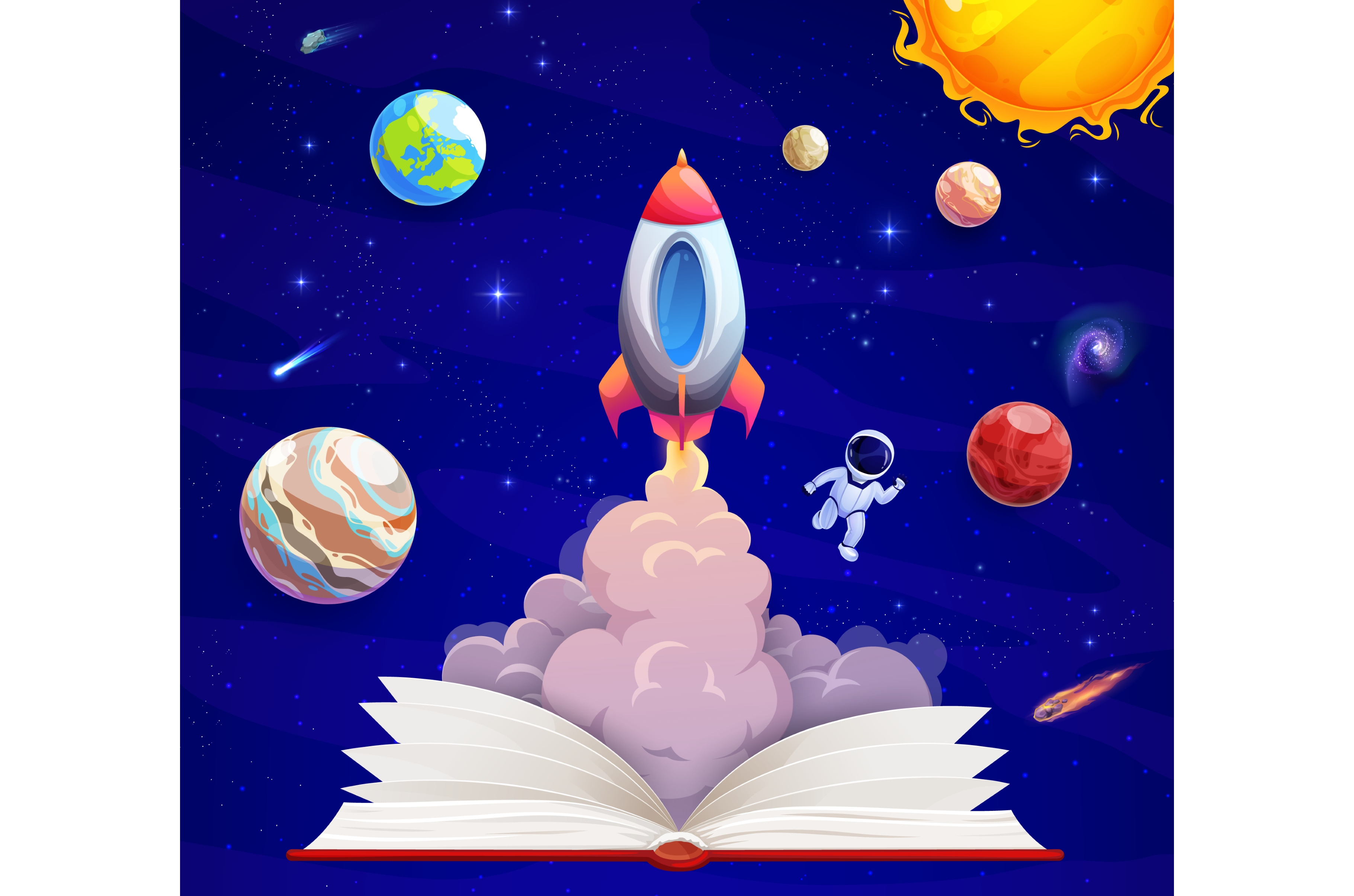 School book with rocket launch, an Education Illustration by Vector ...