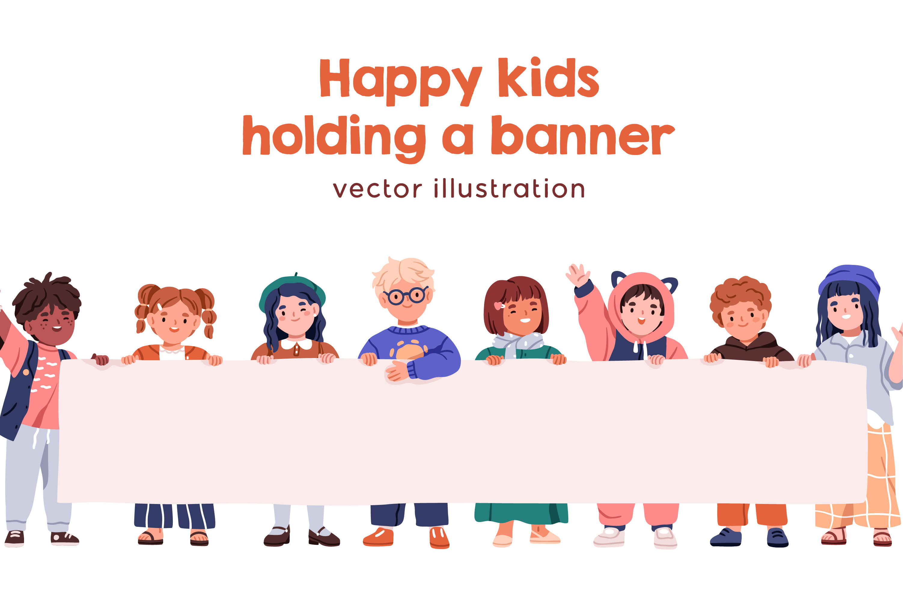 Cute happy kids holding blank banner, a Person Illustration by Good Studio
