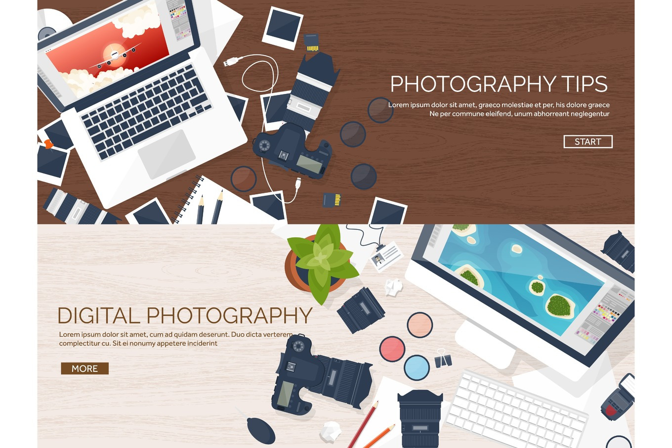 Photographer equipment on a table. Photography tools, photo editing ...
