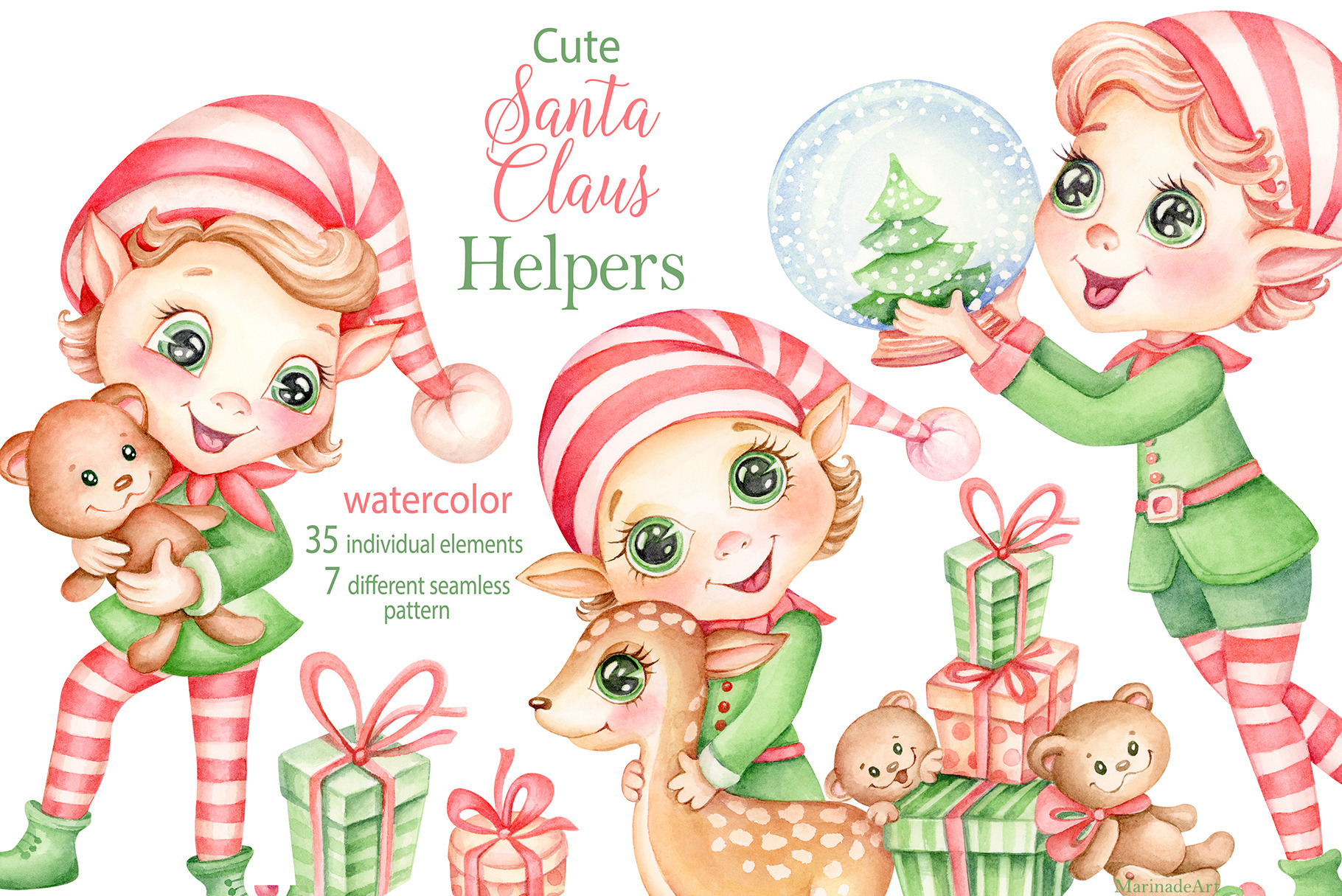 Cute Christmas Elf Watercolor clipart