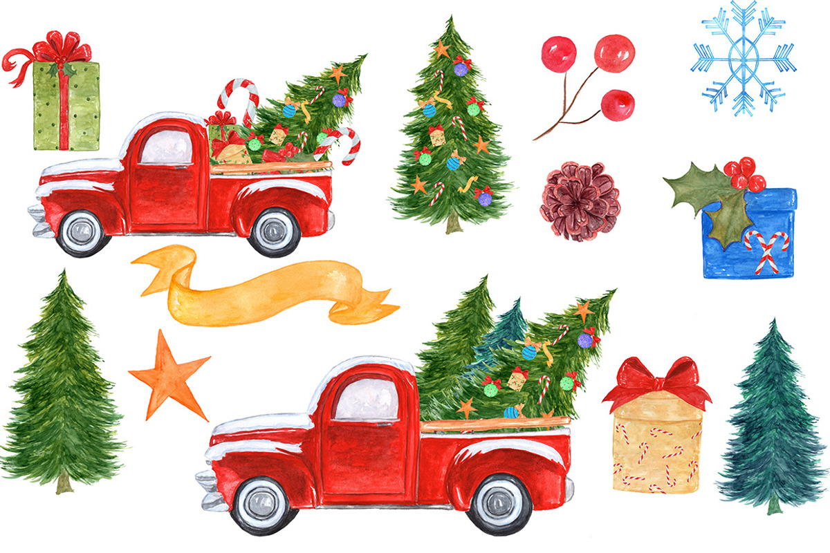 Watercolor Christmas truck clipart, an Illustration by vivastarkids