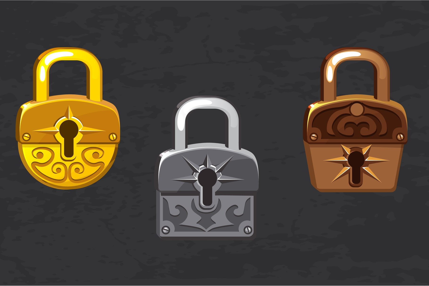 cartoon collection of gold, silver and bronze padlocks. Game and app ui ...