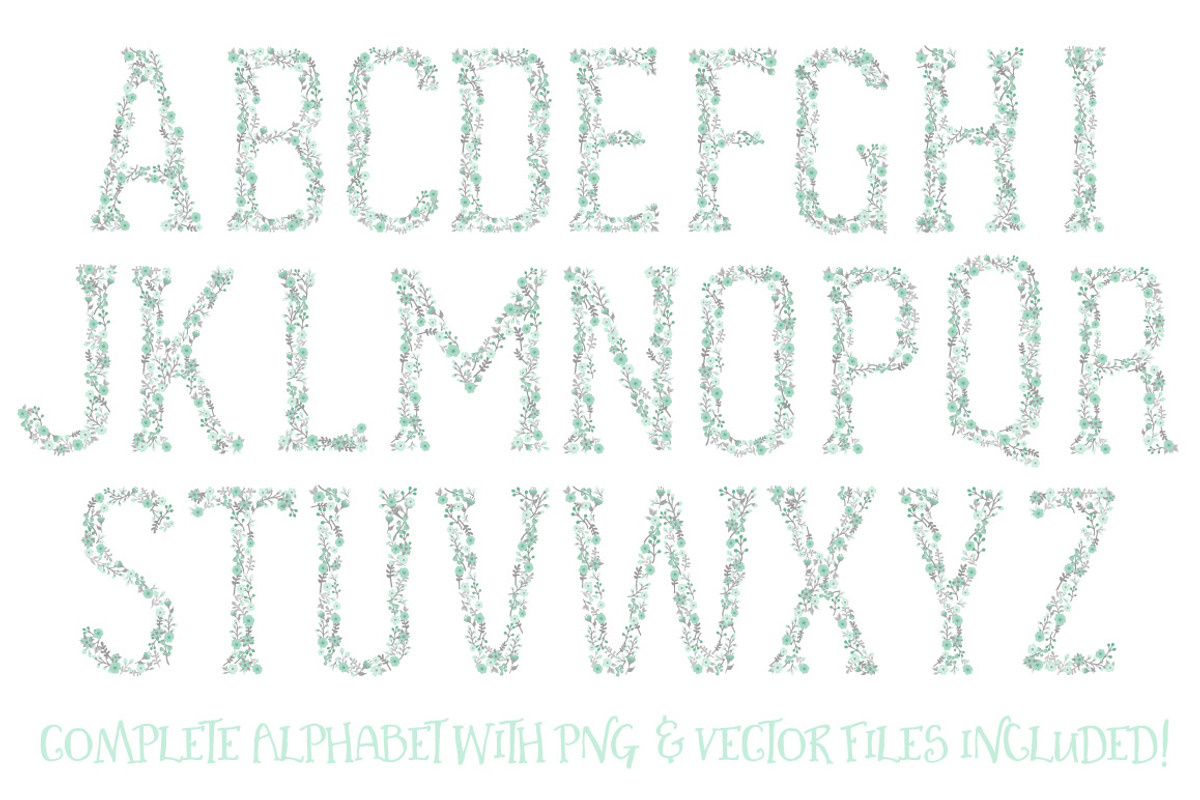 Mint & Grey Floral Alphabet Vectors, an Illustration by Amanda Ilkov