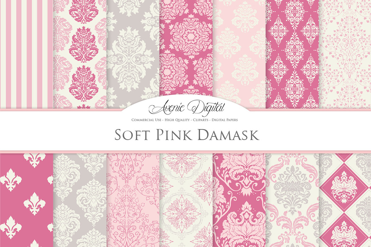 28 Soft Pink Damask Digital Paper, a Pattern Graphic by Avenie Digital