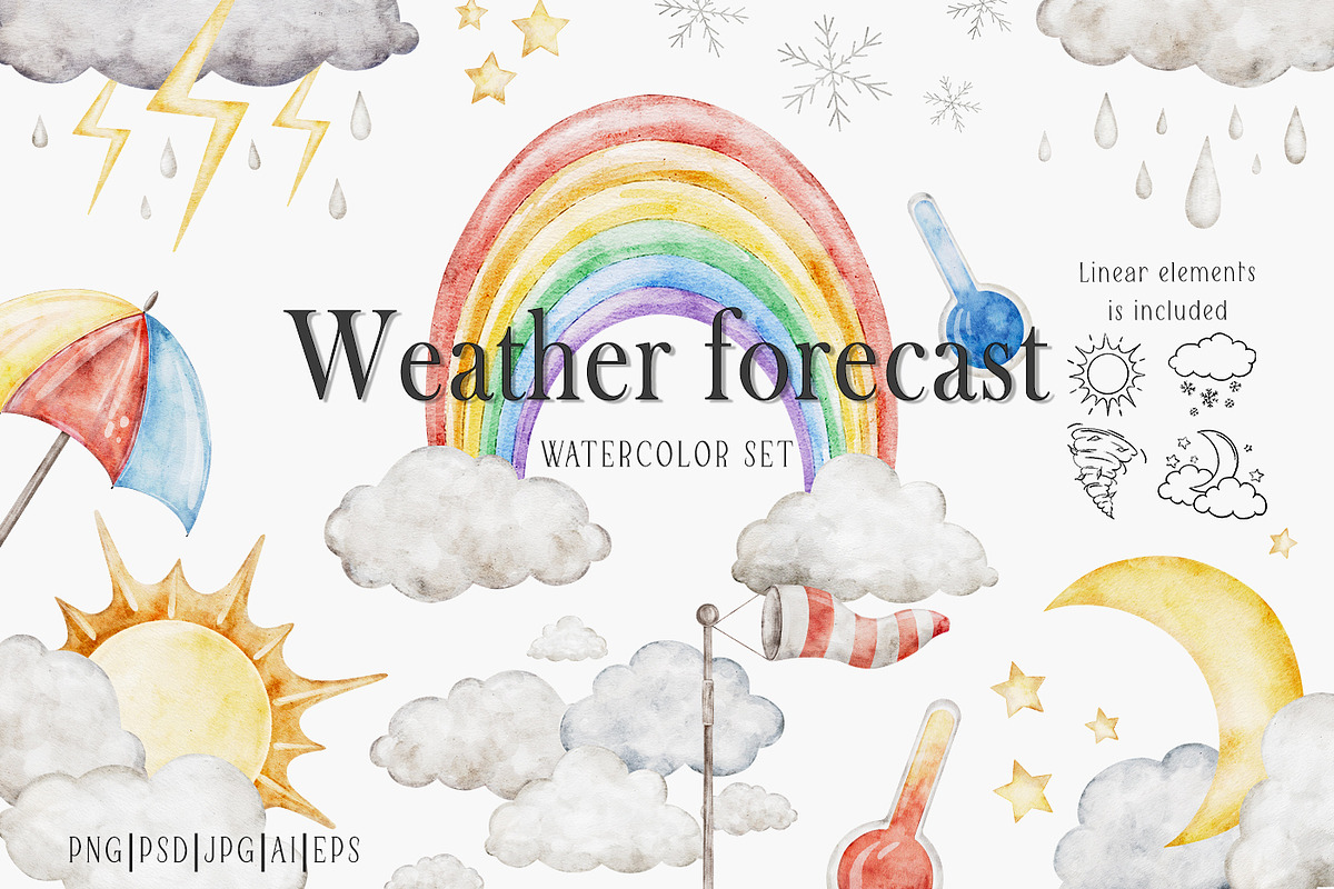 Watercolor Icons weather forecast, an Education Illustration by Daryartsy