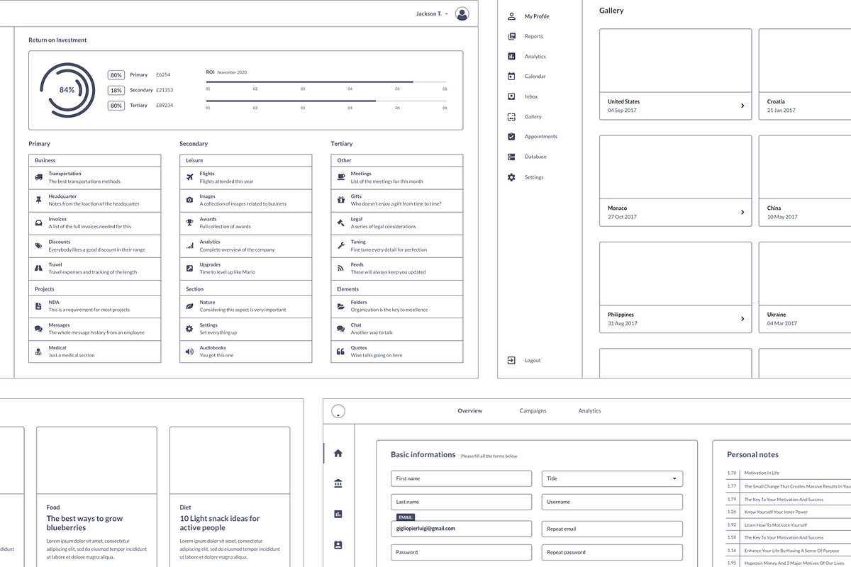Dashboards UX Wireframes kit, a Wireframe Template by Giglio Designs