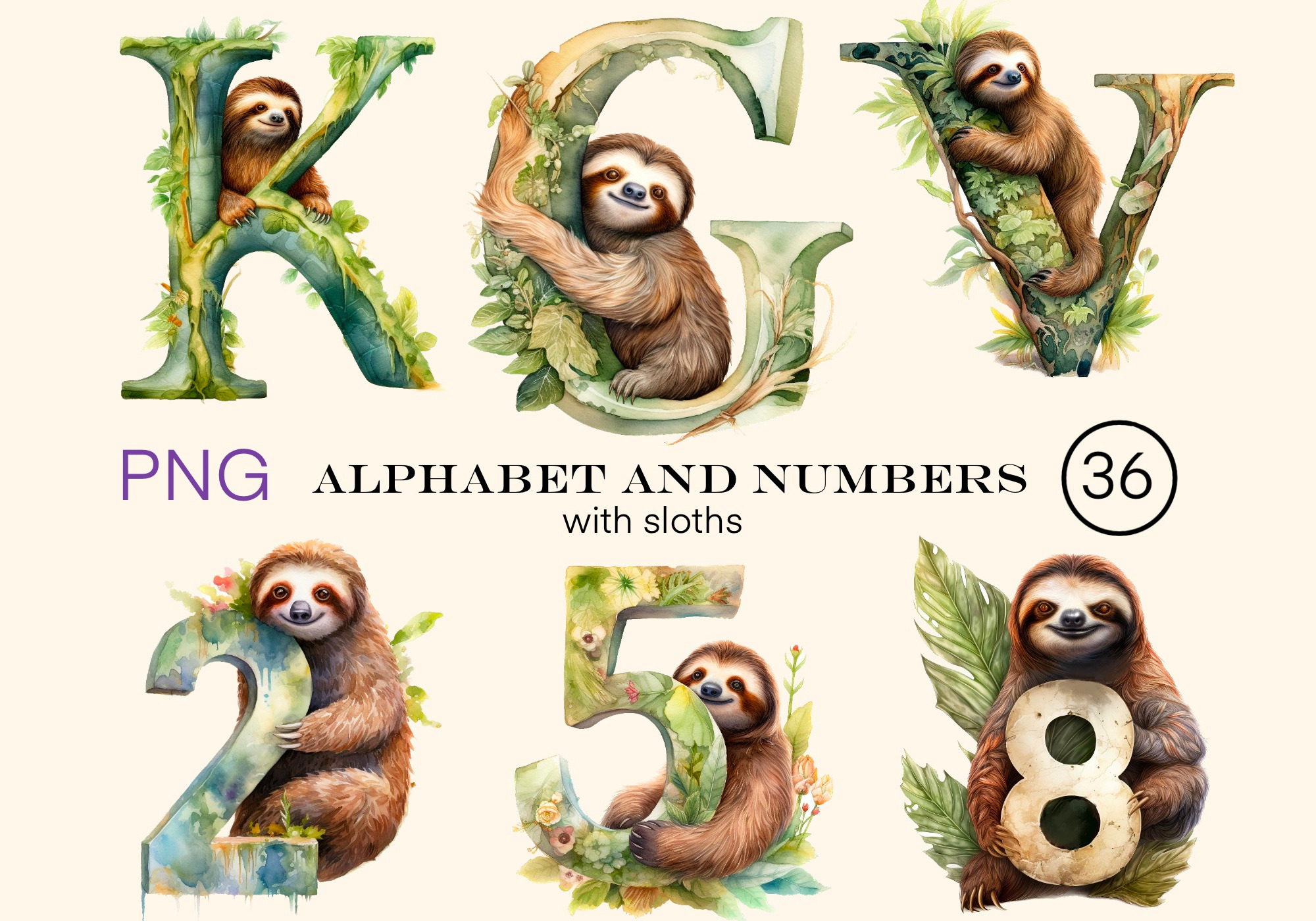 Sloth Alphabet and numbers 36 PNG, a Decorative Illustration by Hello ...