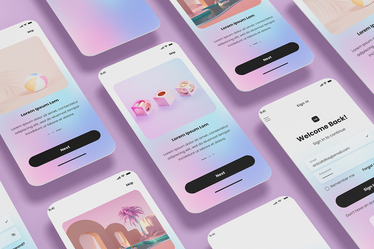On Boarding, Welcome and Sign in Screens App & UI