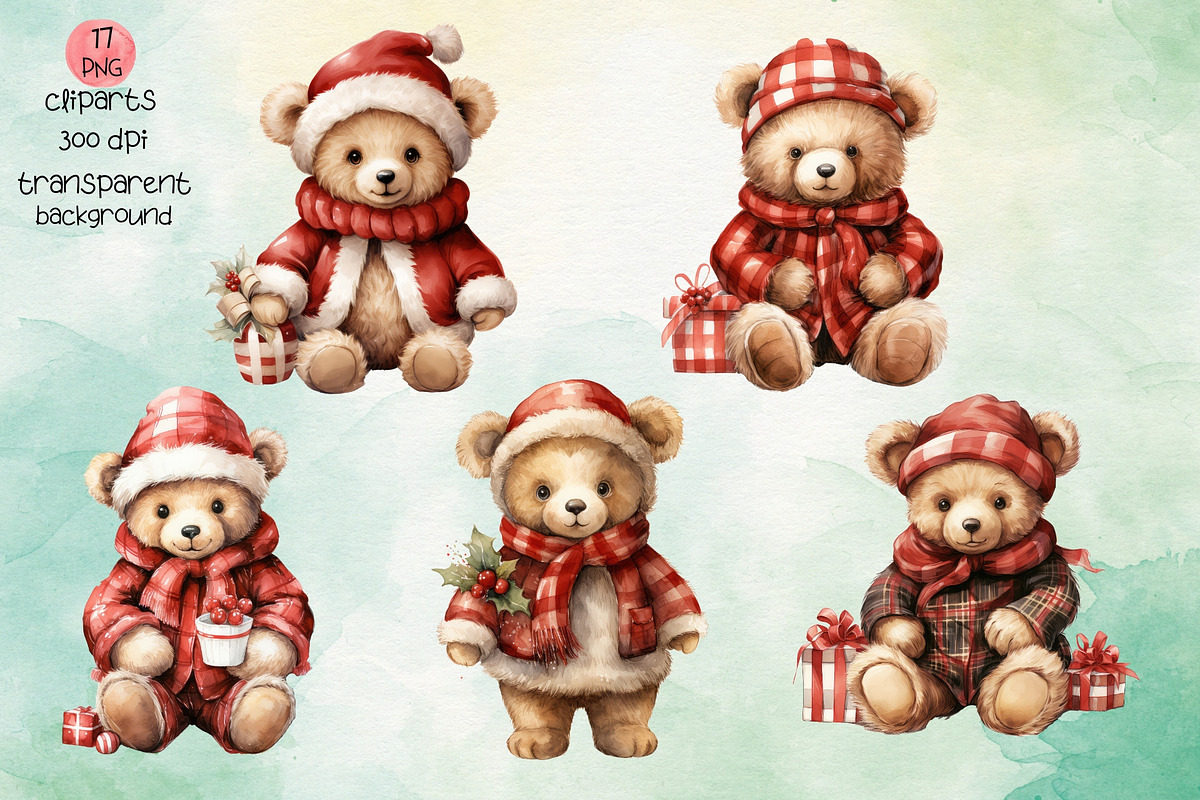 Bear Christmas Watercolor Clipart, a Seasonal Illustration by Maysa Art
