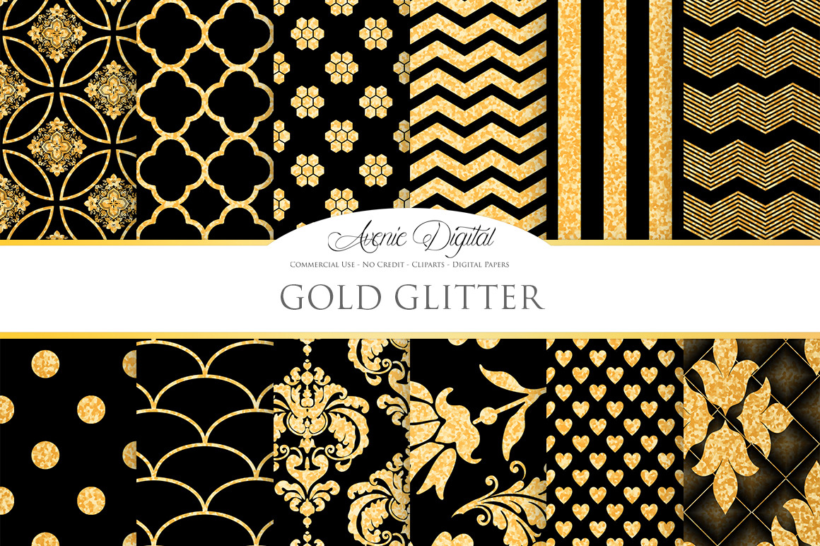 Black and Gold Glitter Digital Paper, a Pattern Graphic by Avenie Digital