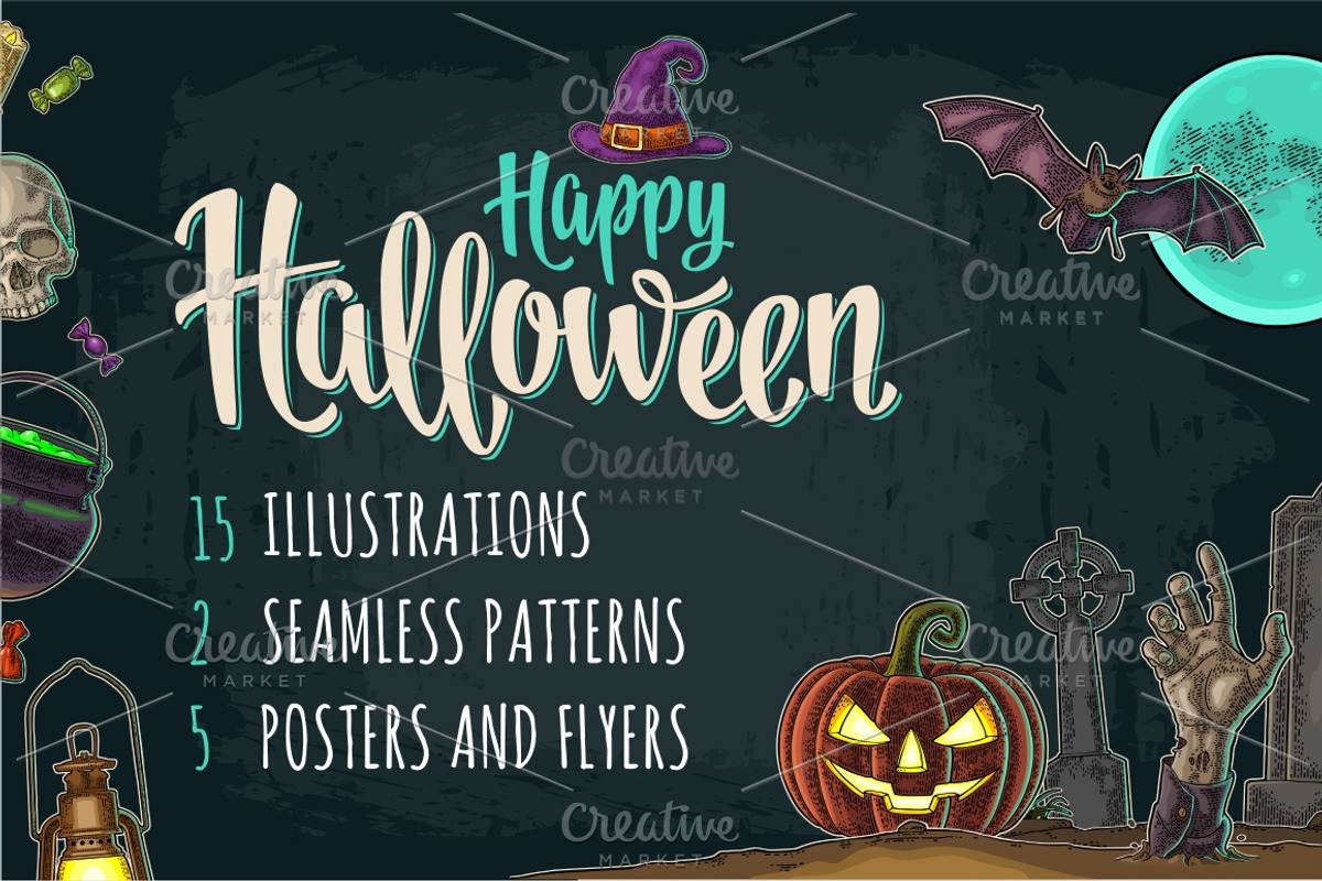 Halloween bundle engraving, poster, an Illustration by MoreVector