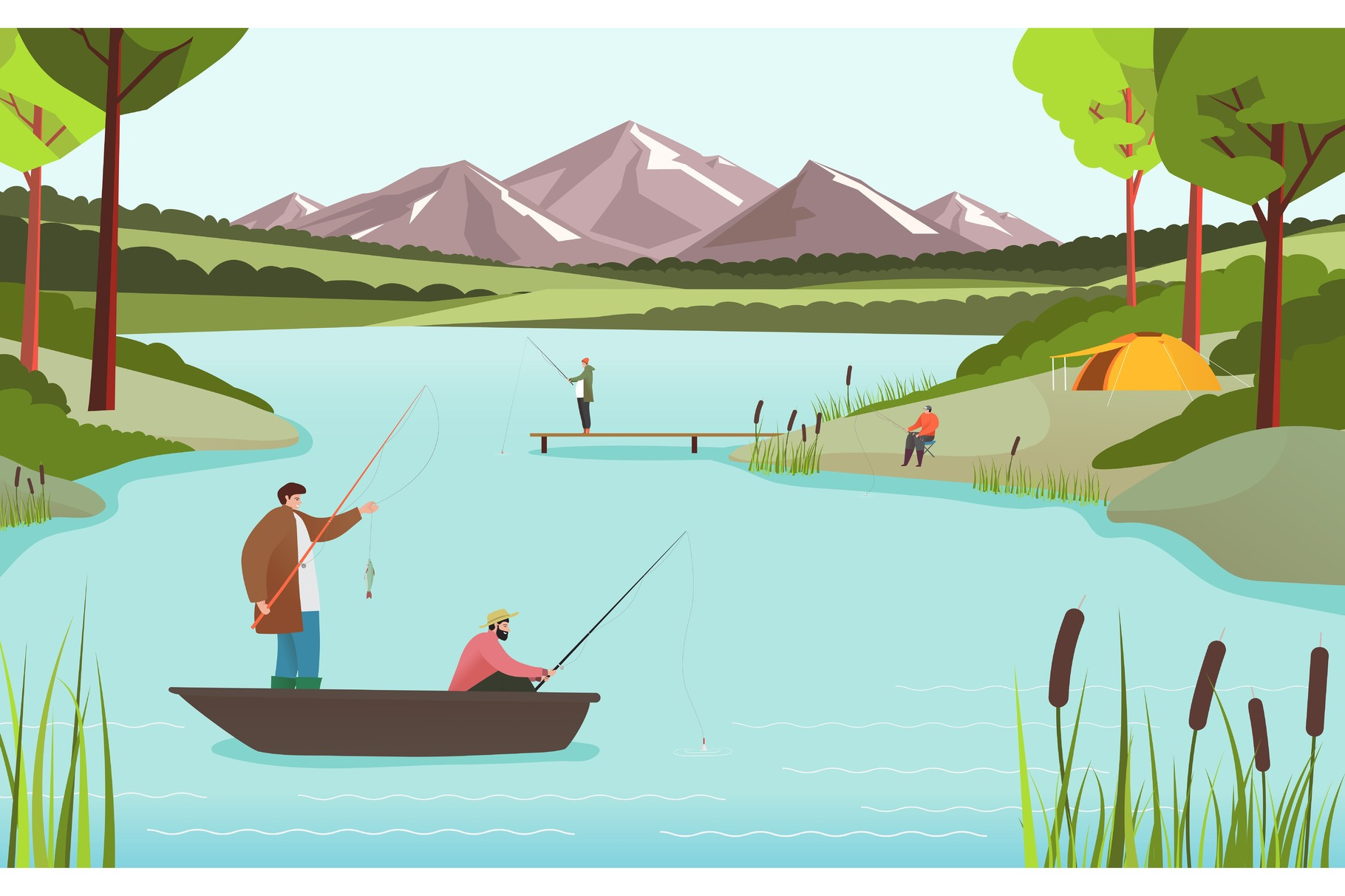 Fishermen on lake in beautiful, a Person Illustration by VectorsBang