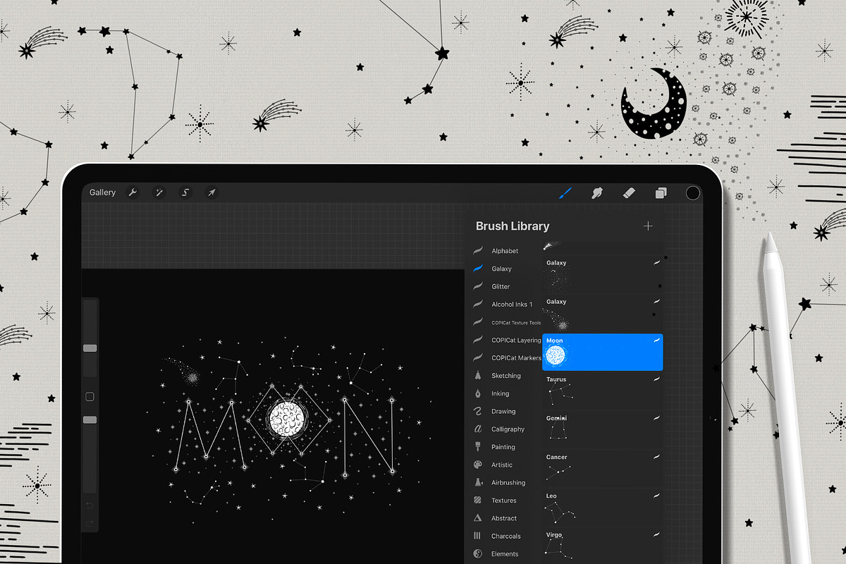 La Luna-stamp brush Procreate, a Brush Add-On by Moonflora