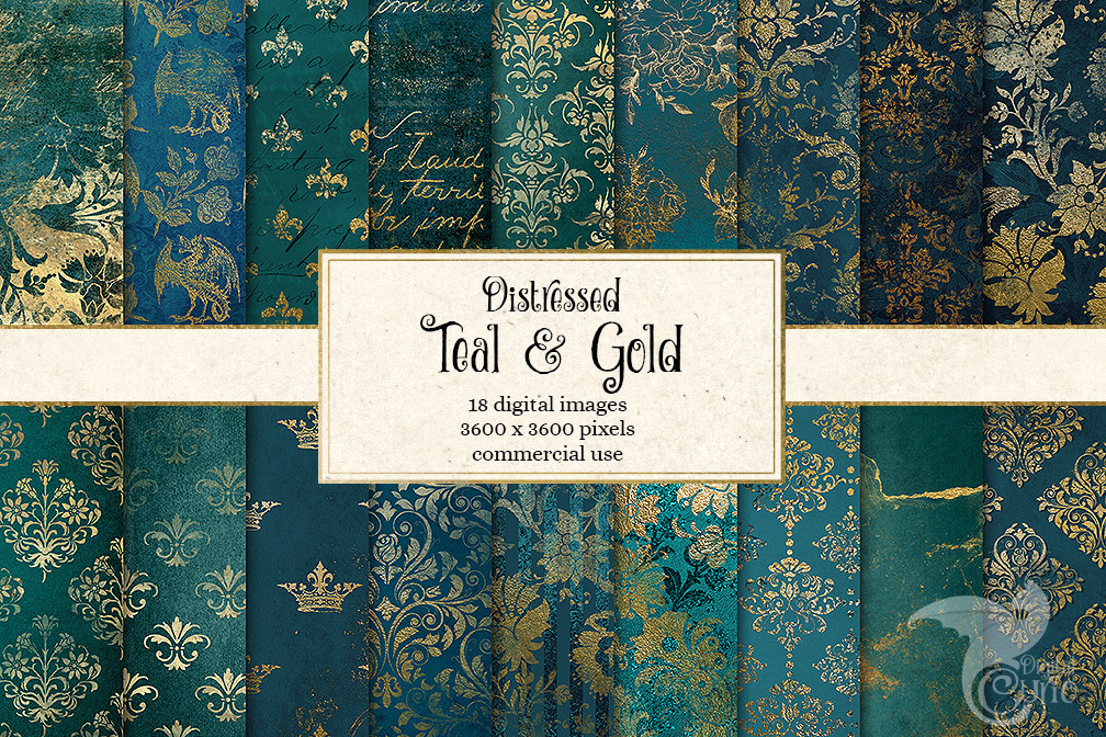 Teal and Gold Digital Paper, a Texture Graphic by Digital Curio