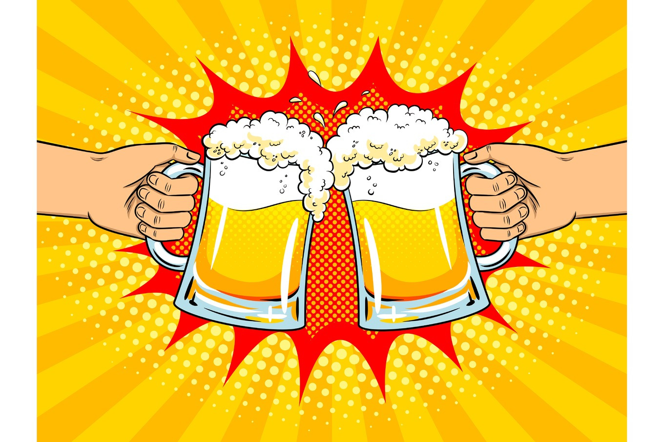 Hands with mugs of beer pop art vector, a Decorative Illustration by ...