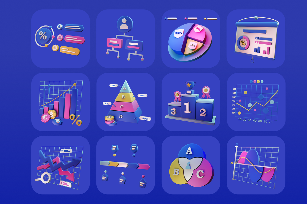 Stats- Graph & Chart Icon 3D Set, a 3D by Laimmilka | Creative Market