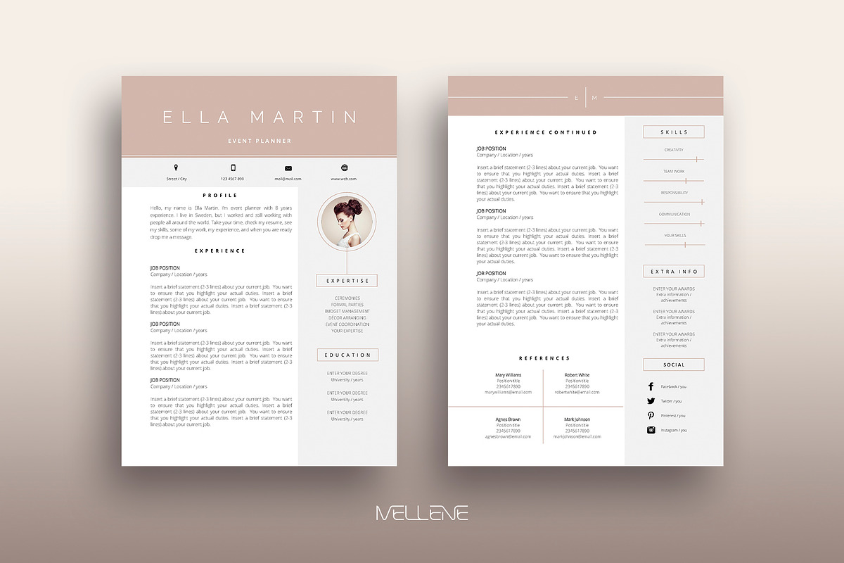 Resume / CV template - Ella, a Resume Template by Mellene Templates