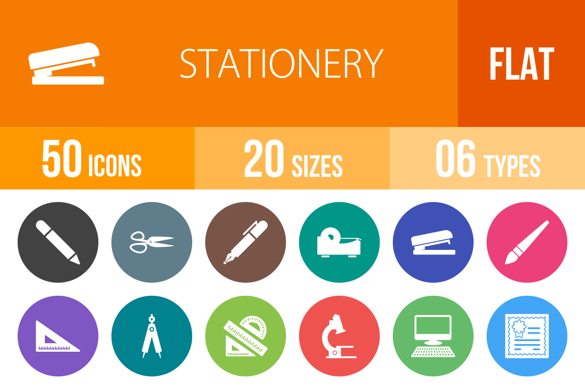 50 Stationery Flat Round Icons, an Icon by IconBunny
