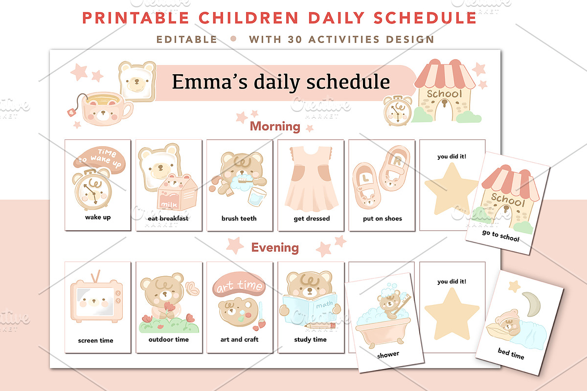 editable cute Teddy bear activity schedule timetable for kids ...