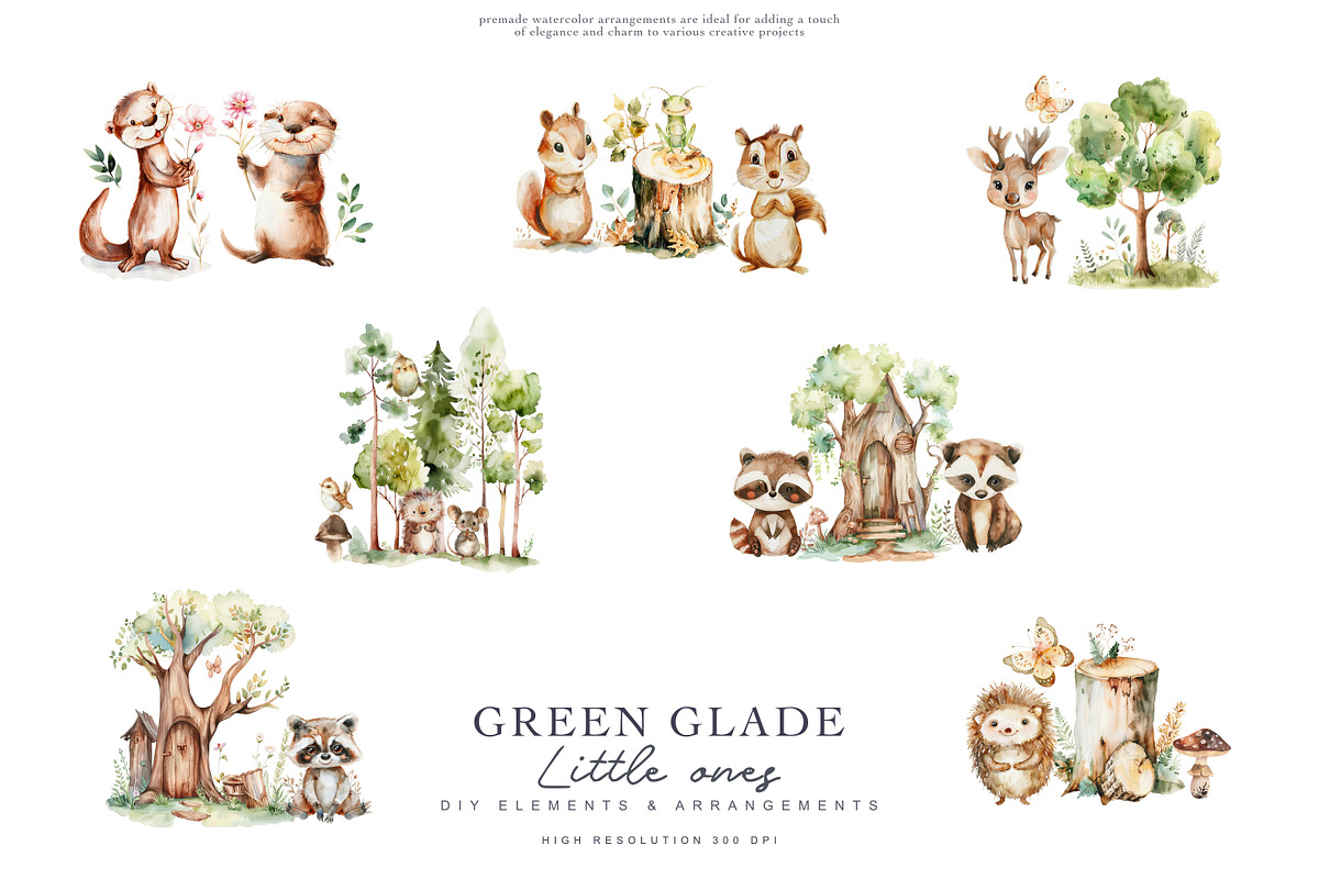 watercolor green woodland clipart, an Animal Illustration by Pink ...