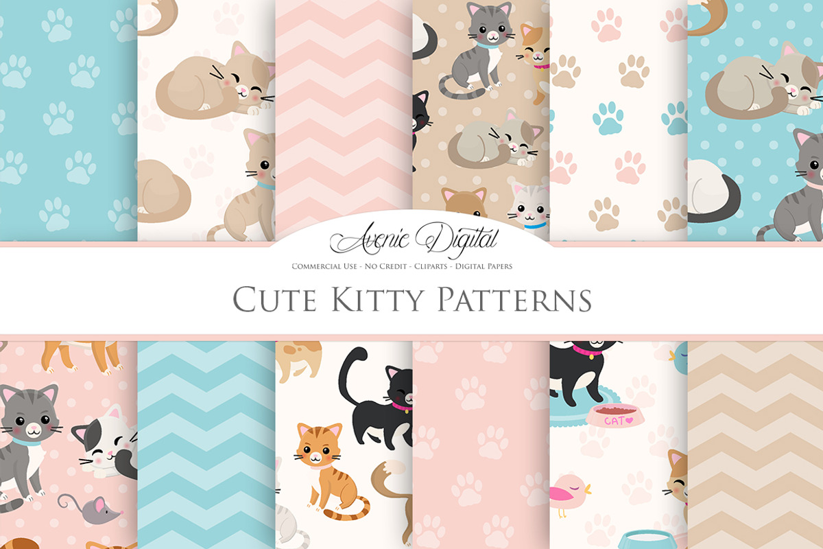 Cute Cat Digital Paper Patterns, a Pattern Graphic by Avenie Digital